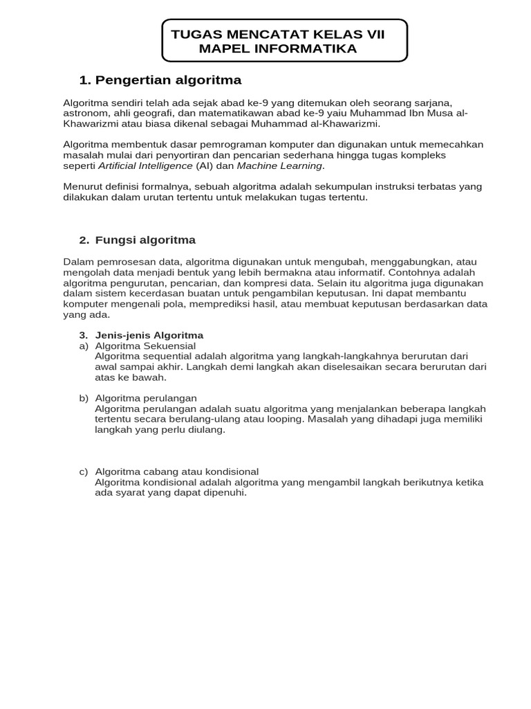 TUGAS MENCATAT Informatika KELAS VII | PDF