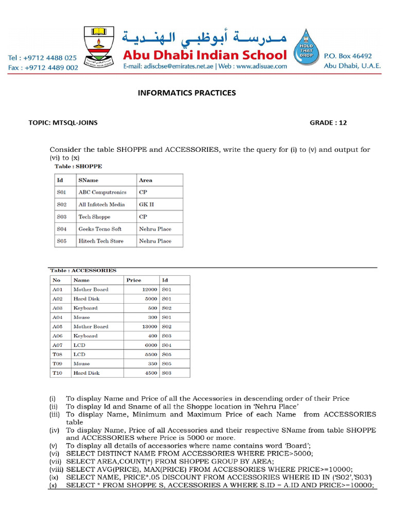 XII IP SQL Worksheet 2 Joins | PDF