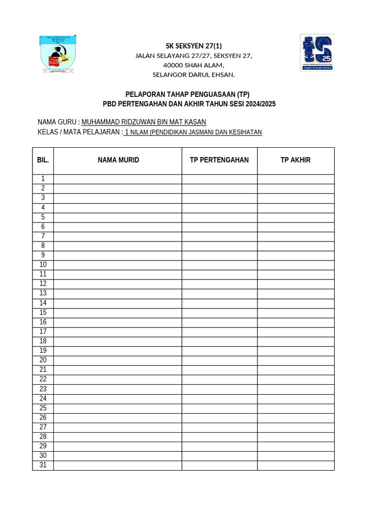 BORANG PENYELARASAN TP PBD | PDF