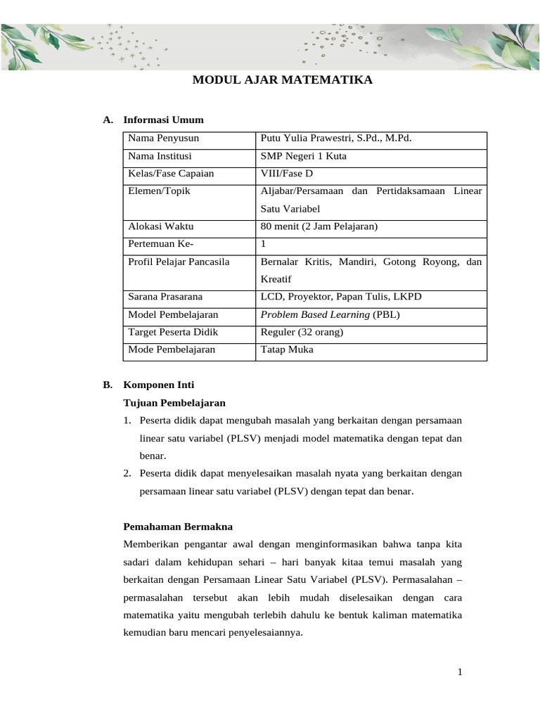 MODUL AJAR PLSV | PDF