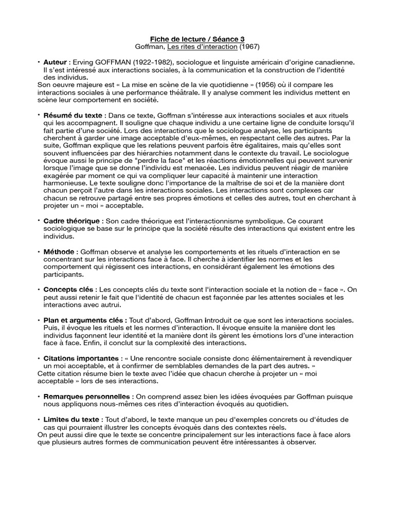 Rites d'interaction selon Goffman | PDF | Concept de psychologie ...