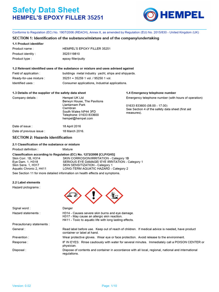 hempel_epoxy_filler_sds | PDF | Occupational Safety And Health | Toxicology
