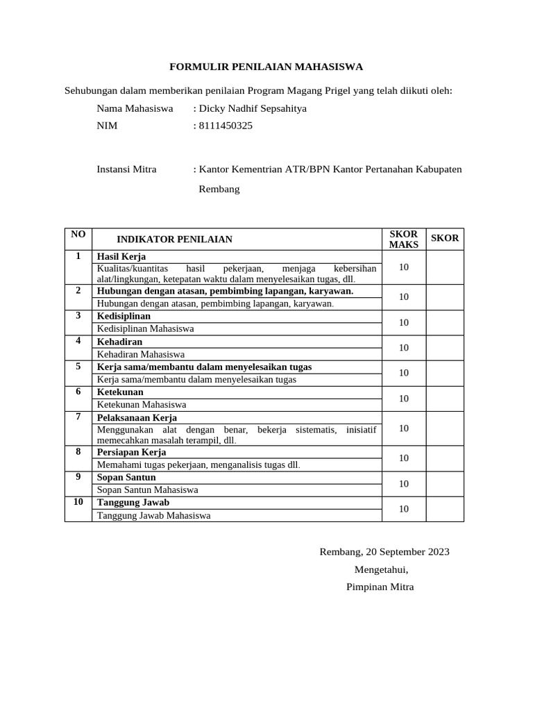 Formulir Penilaian Mahasiswa | PDF