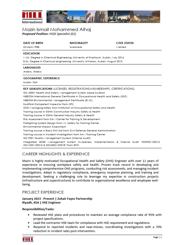 HILL CV - HSSE Specialist (E2) - Mazin Ismail Mohammed Alhaj | PDF ...