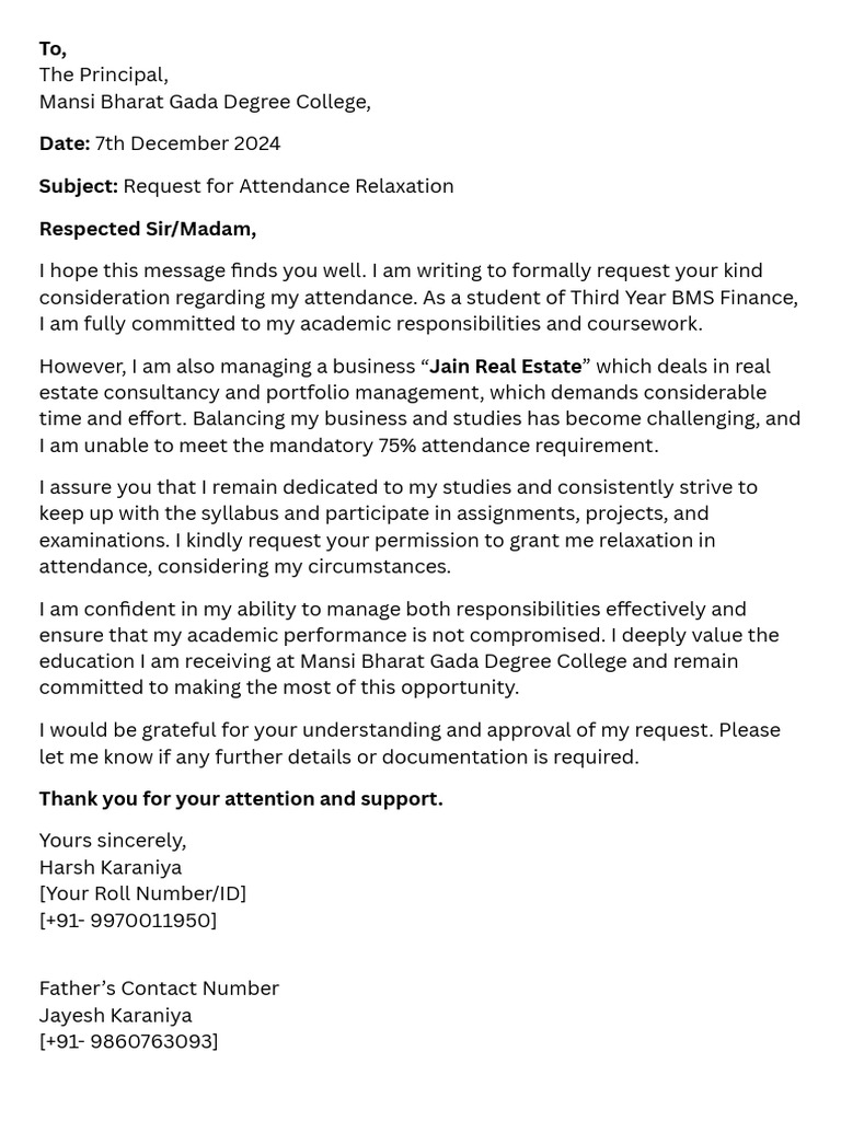 Attendance Relaxation Request Letter | PDF