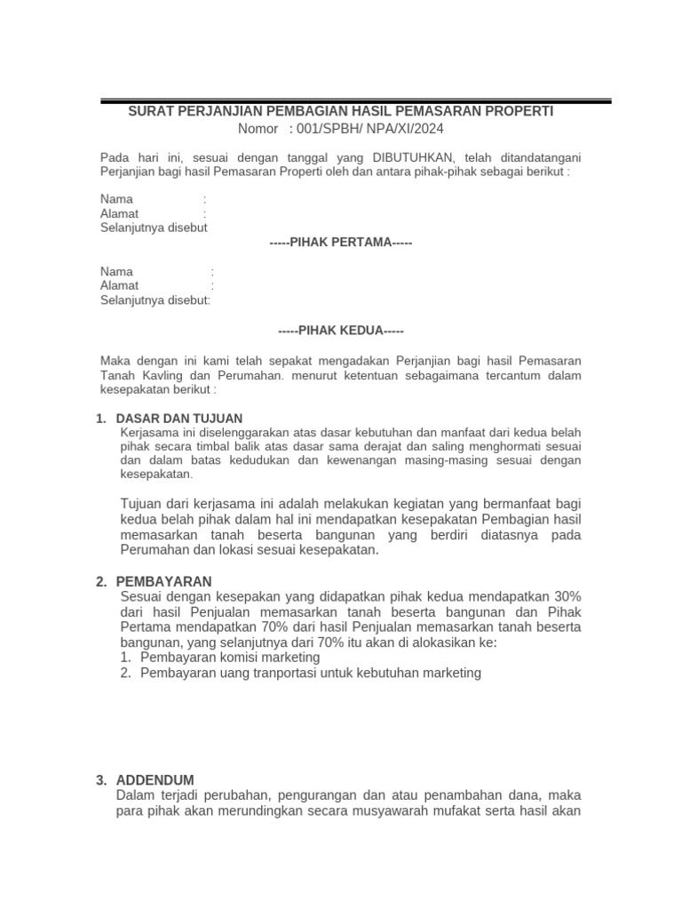 Surat Perjanjian Pembagian Hasil Pemasaran Properti | PDF