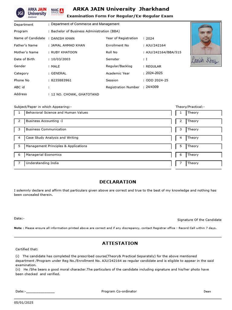 ARKA JAIN University Exam Form BBA 2024 | PDF