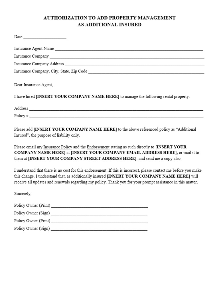 Authorization To Add Property Management As Additional Insured | PDF