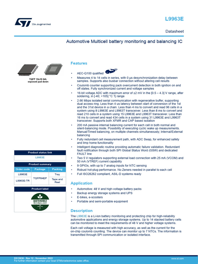 Automotive Multicell Battery Monitoring and Balancing IC: Features ...