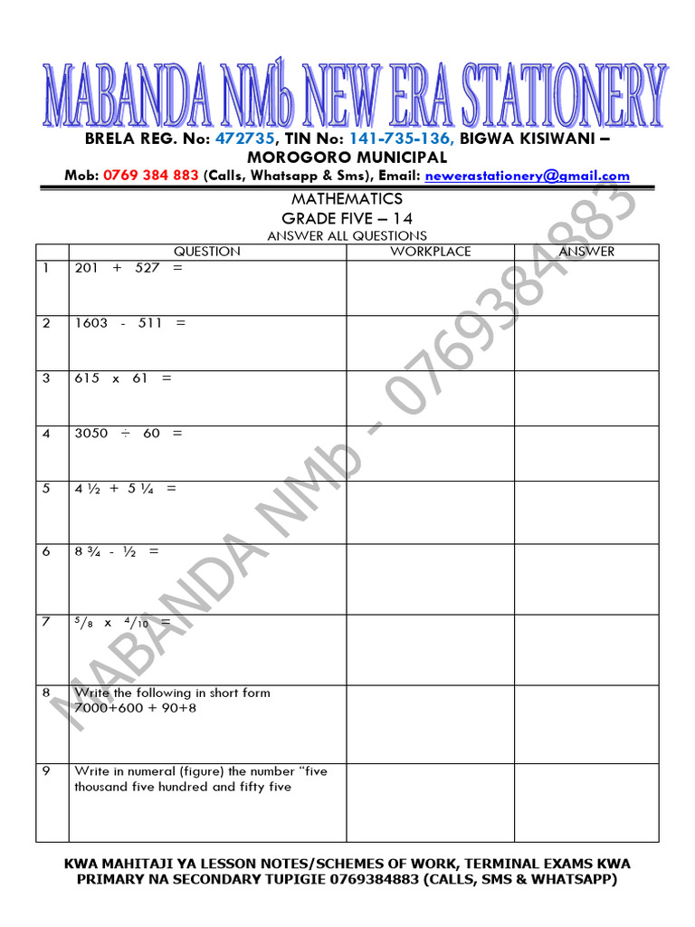 Grade 5 Mathematics Exam Questions | PDF | Area | Elementary Mathematics