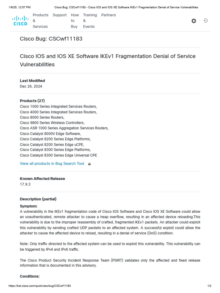 Cisco Bug - CSCwf11183 - Cisco IOS and IOS XE Software IKEv1 Fragmentation Denial of Service ...