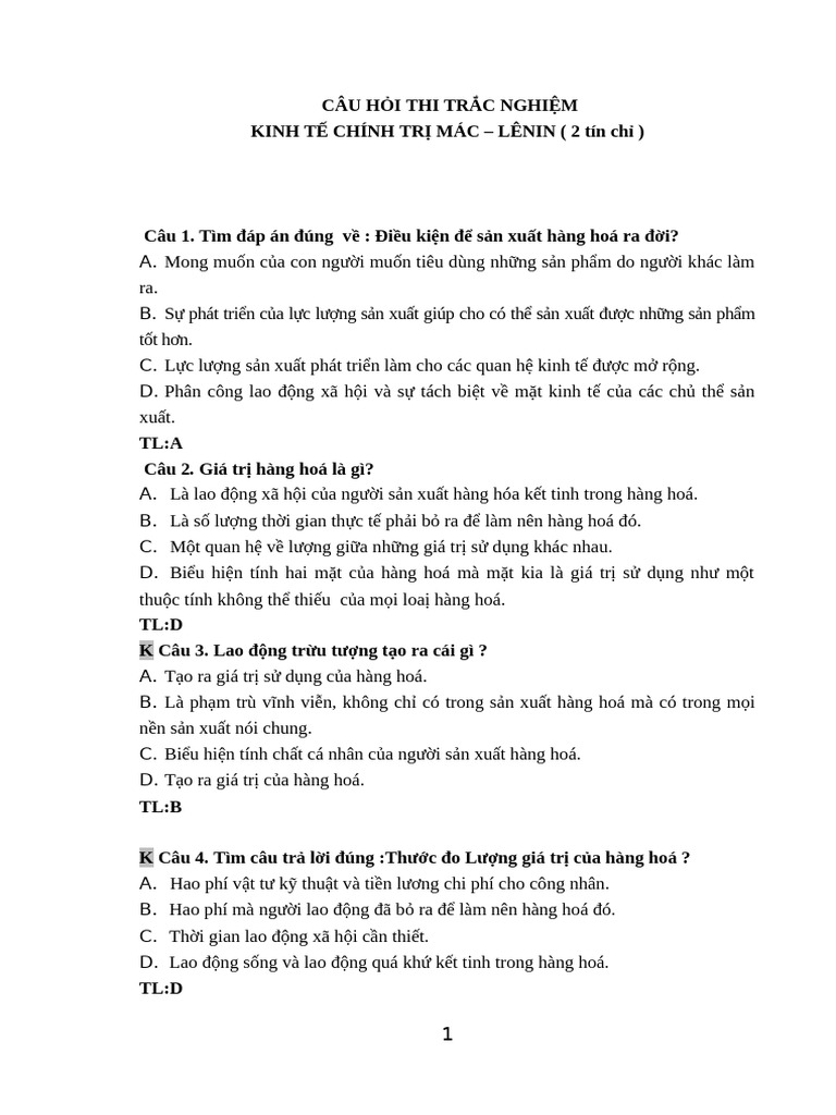 Câu hỏi ôn tập KTCT thi trắc nghiệm (dành cho SV) - Copy | PDF