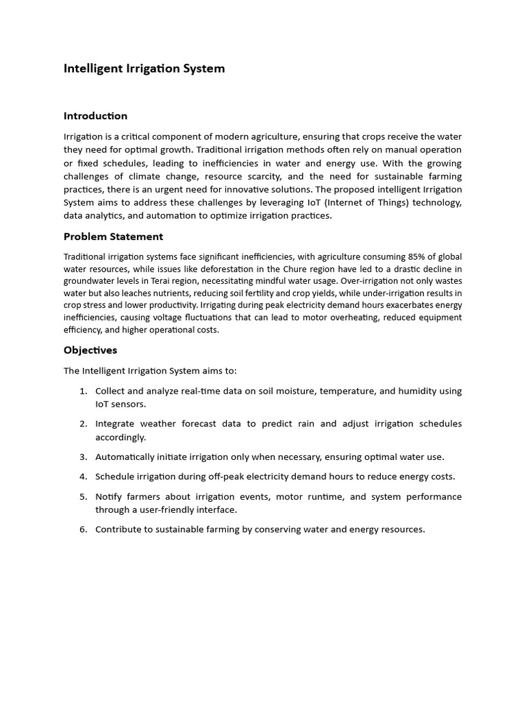 Proposal For Intelligent Irrigation System | PDF | Irrigation | Agriculture