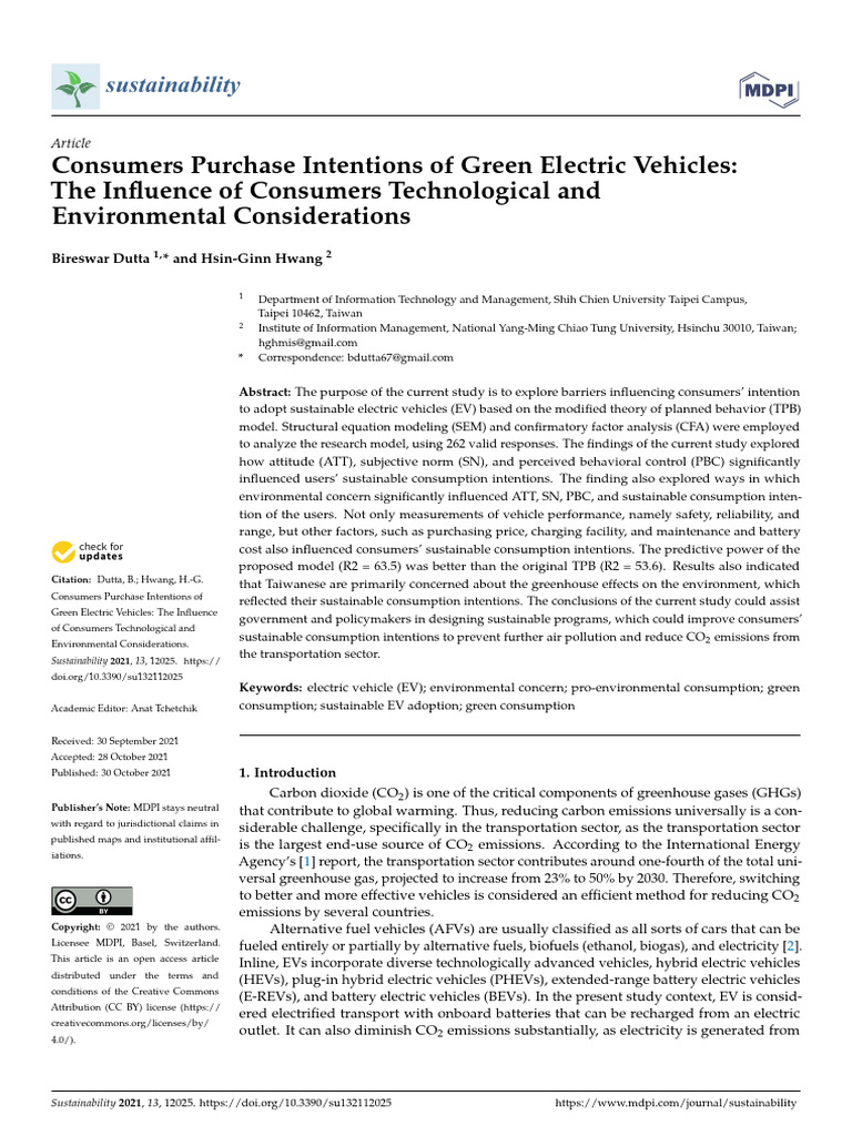 Sustainability 13 12025 v2 | PDF | Electric Vehicle | Behavior