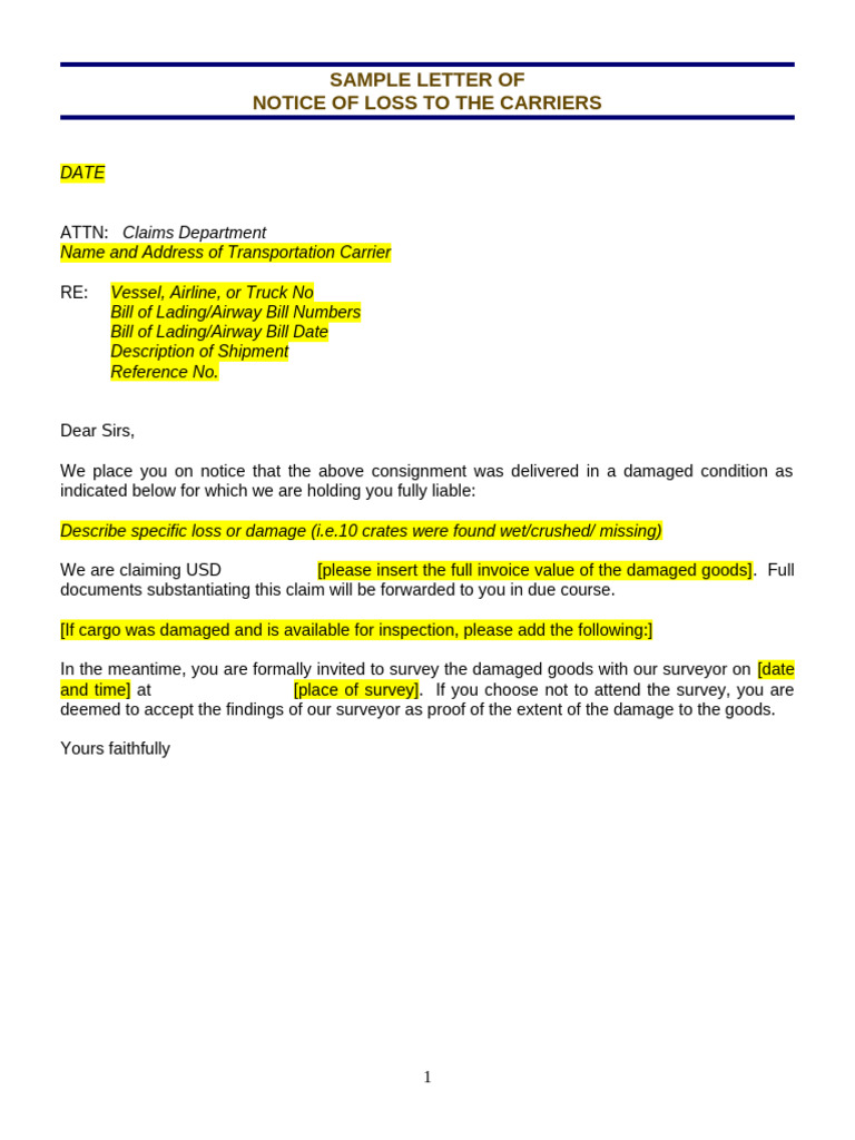 Notice of Loss to Carrier Template | PDF