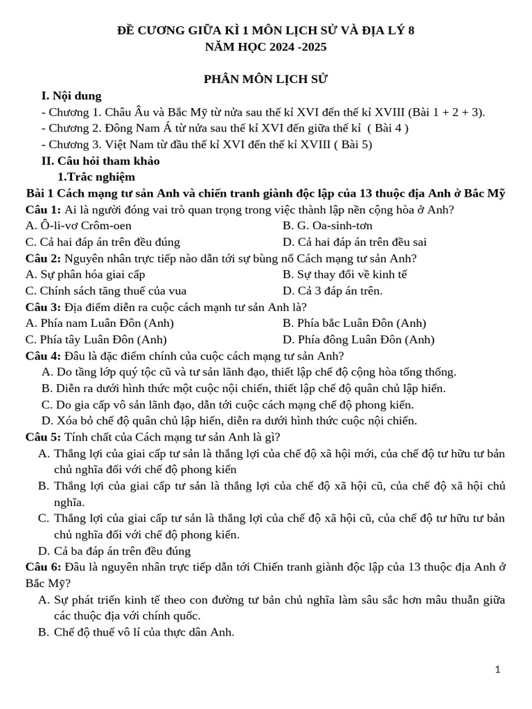 LSDL 8 - de Cuong Gk1-Nh 24-25 | PDF
