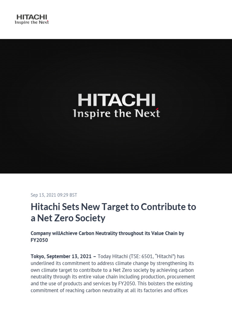 Hitachi Sets New Target To Contribute To A Net Zero Society | PDF ...