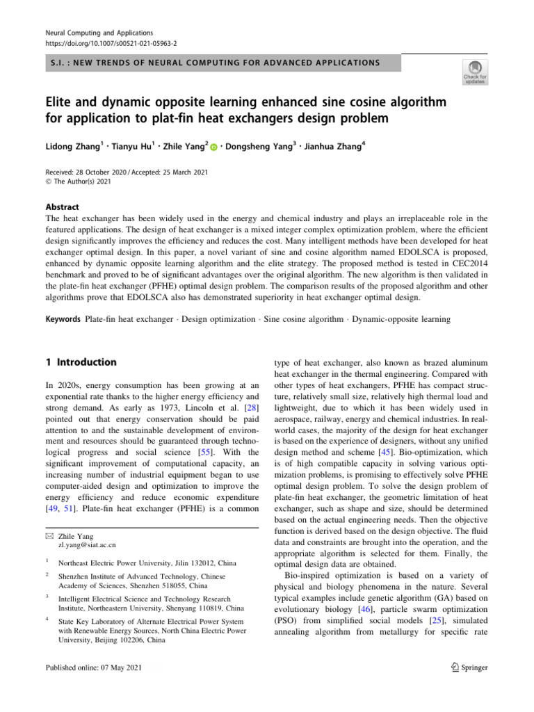 Elite and dynamic opposite learning enhanced sine cosine algorithm for application to plat-fin ...
