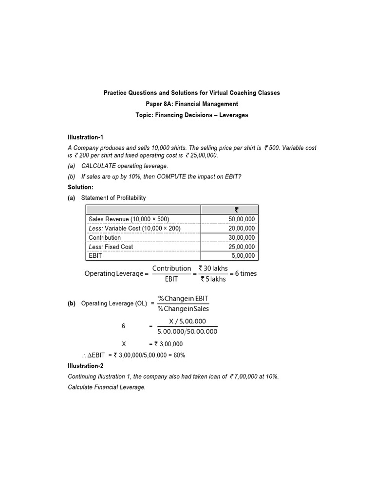 Practice Questions and Solutions For VCC FM Leverages | PDF | Leverage (Finance) | Equity (Finance)