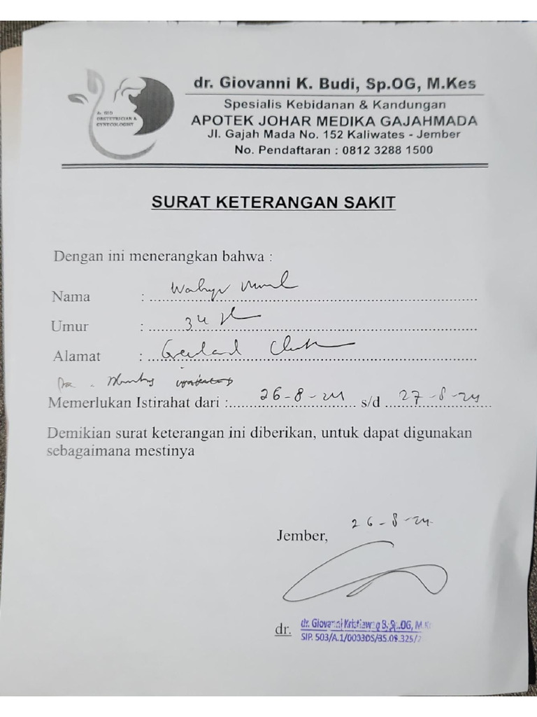 Surat Ijin Sakit Wahyu 26-27 Ags 2024 | PDF