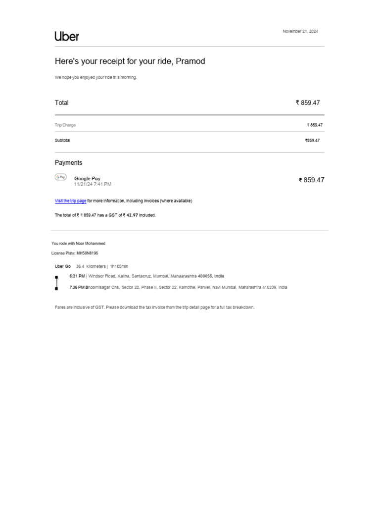 Uber Ride Receipt for Pramod | PDF