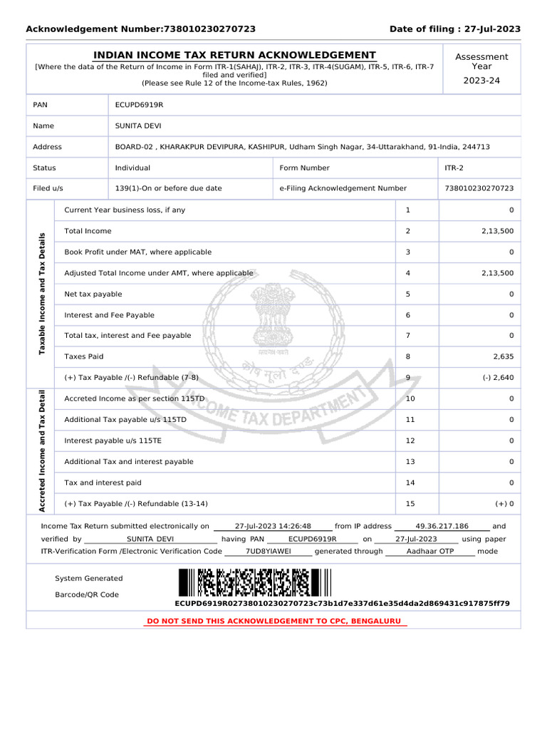 Sunita Devi's Income Tax Returns 2023-25 | PDF | Tax Refund | Taxes