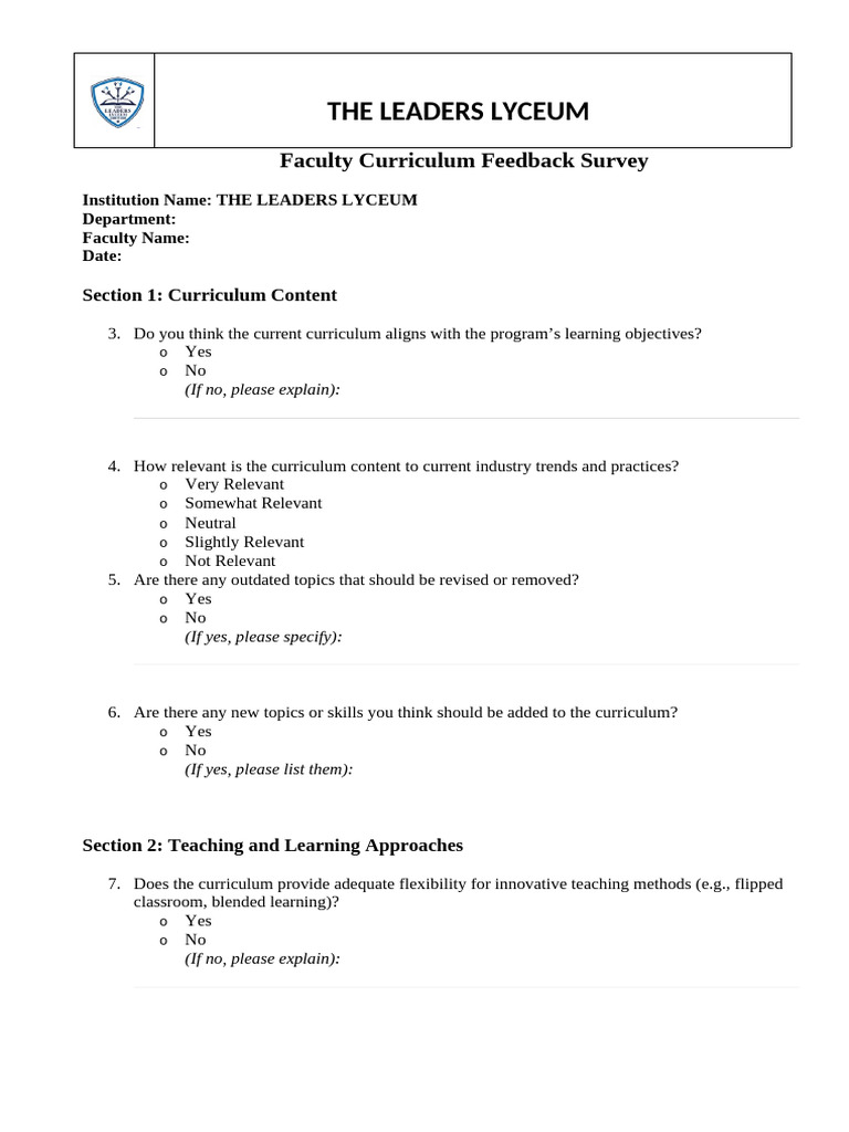 Faculty Curriculum Feedback Survey | PDF
