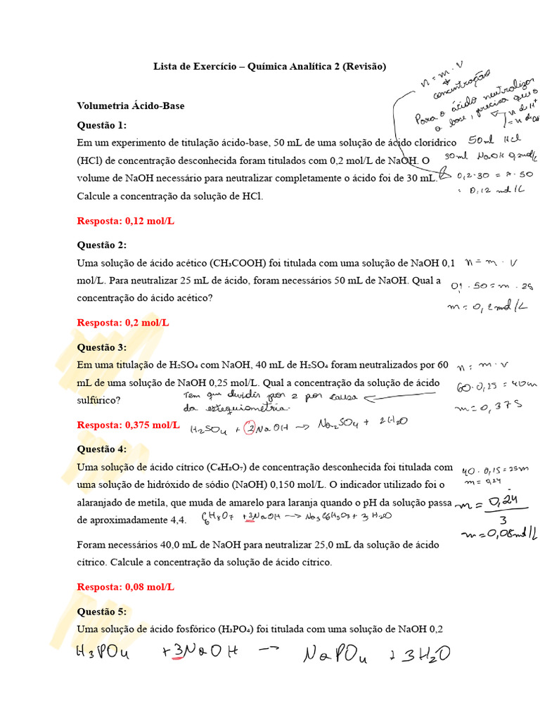 Lista de Exercicio - Quimica Analitica 2 (Revisão) | PDF | Titulação ...