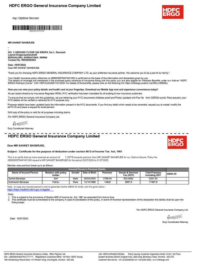 HDFC ERGO Optima Secure Policy Details | PDF | Insurance | Deductible