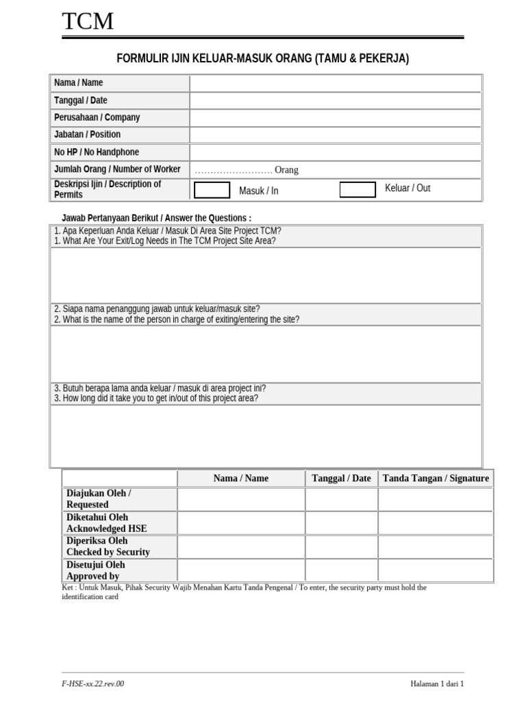 Formulir Pengajuan Ijin Keluar-Masuk Orang, Tamu, & Pekerja | PDF
