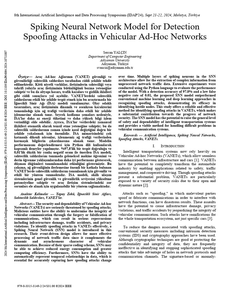 Spiking Neural Network Model For Detection Spoofing Attacks in Vehicular Ad-Hoc Networks | PDF ...