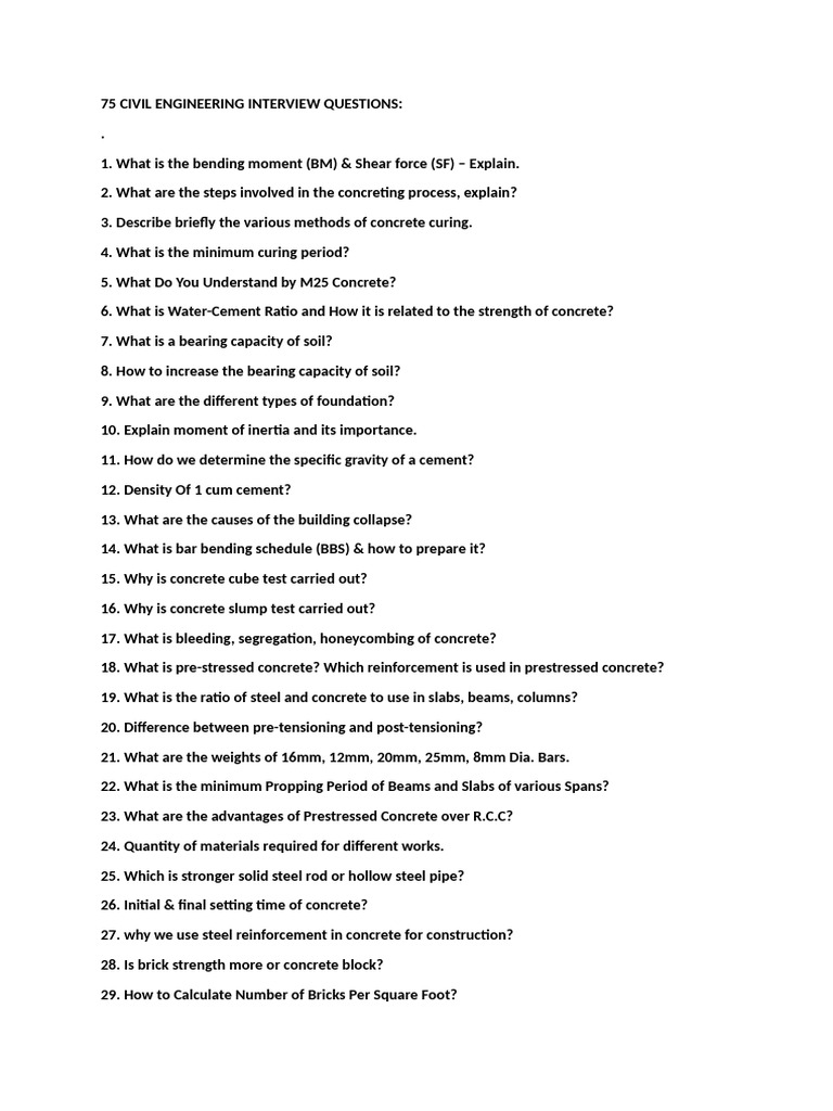 75 Civil Engineering Interview Questions | PDF | Concrete | Deformation ...