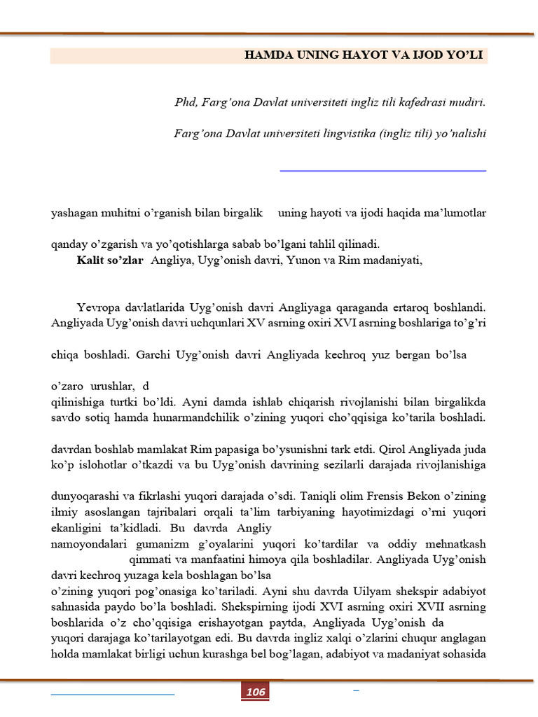 Shekspir Yashagan Muhit Hamda Uning Hayot Va Ijod Yo'Li | PDF