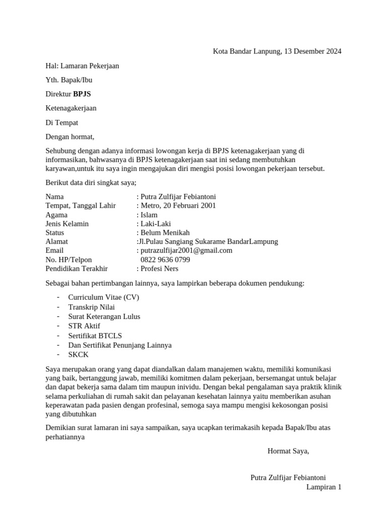 Surat Lamaran Putra | PDF