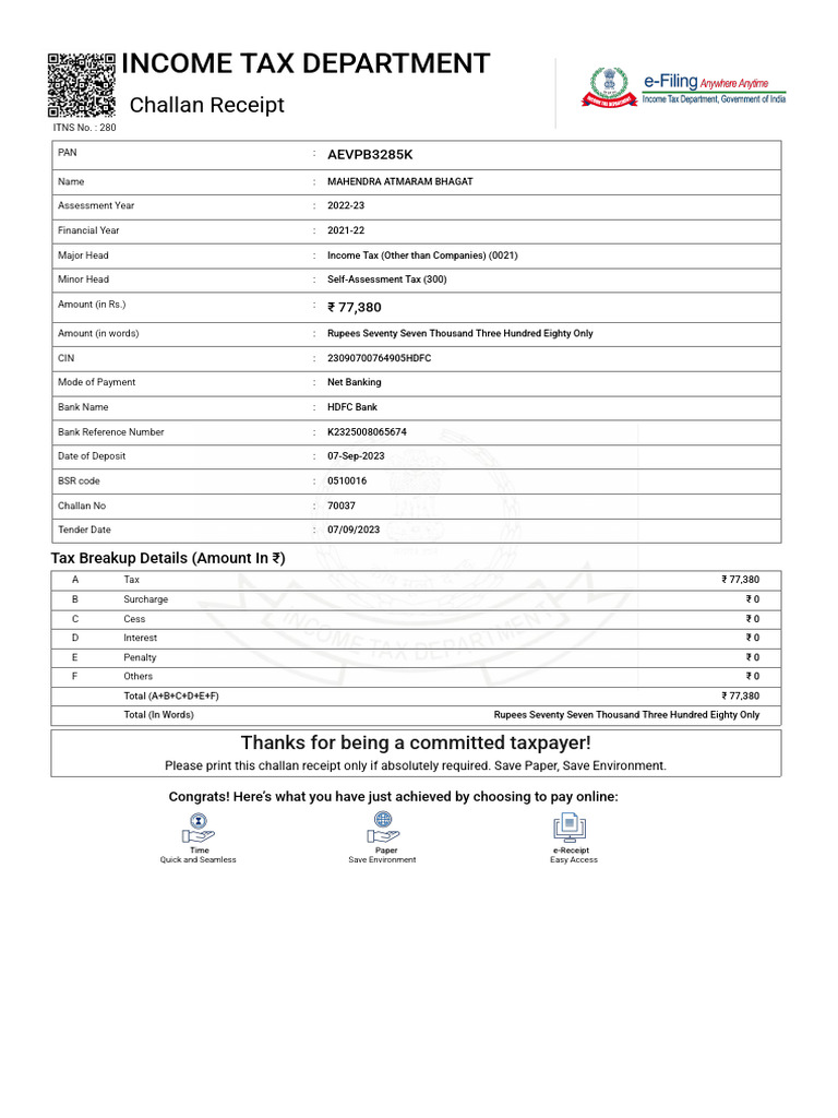23090700764905HDFC_ChallanReceipt | PDF | Taxes | Economies