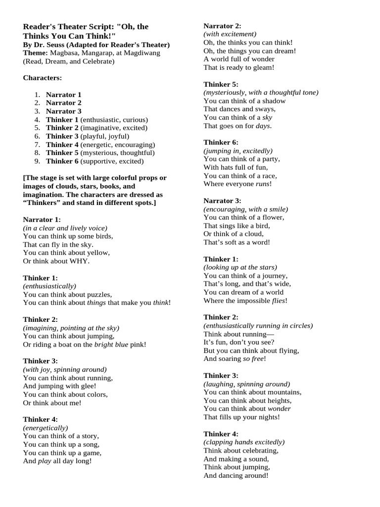 Reader's Theater Script - Oh, The Thinks You Can Think | PDF