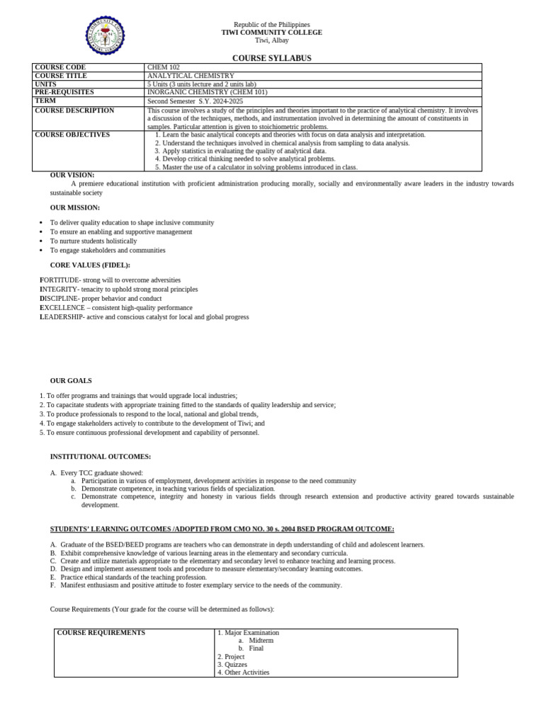 Analytical Chem Syllabus To Edit | PDF | Mole (Unit) | Chemistry