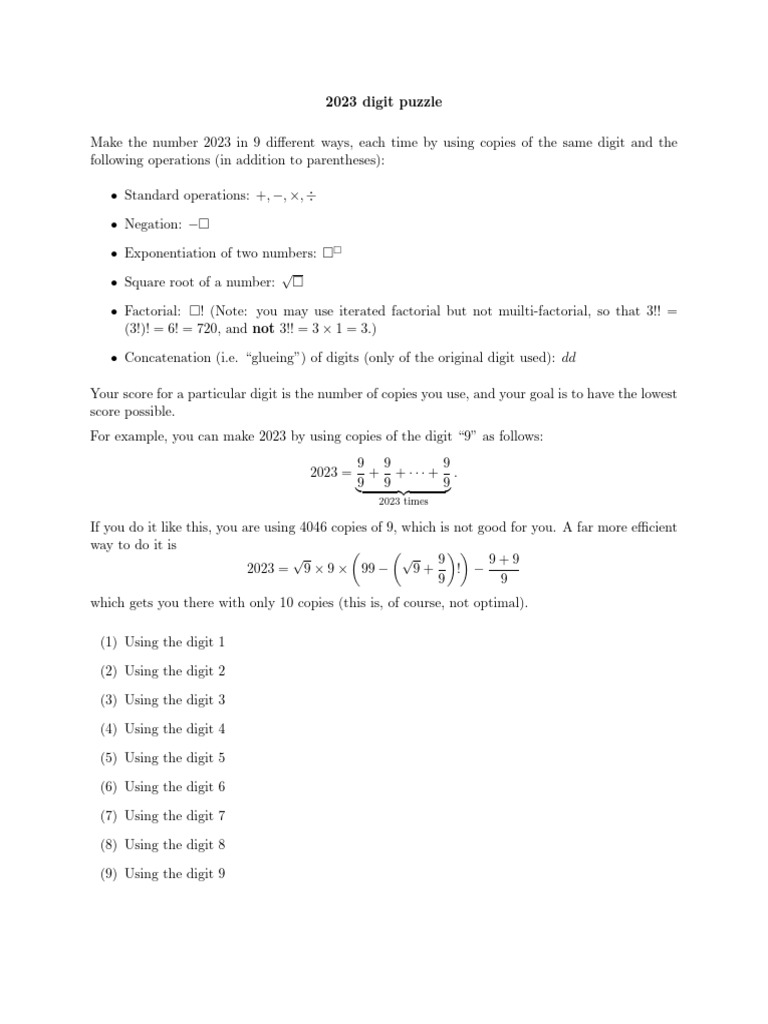 2023 Digit Puzzle Solutions | PDF