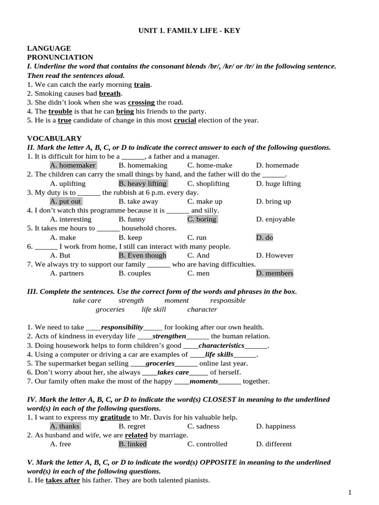 Unit 1. Family Life - Key | PDF