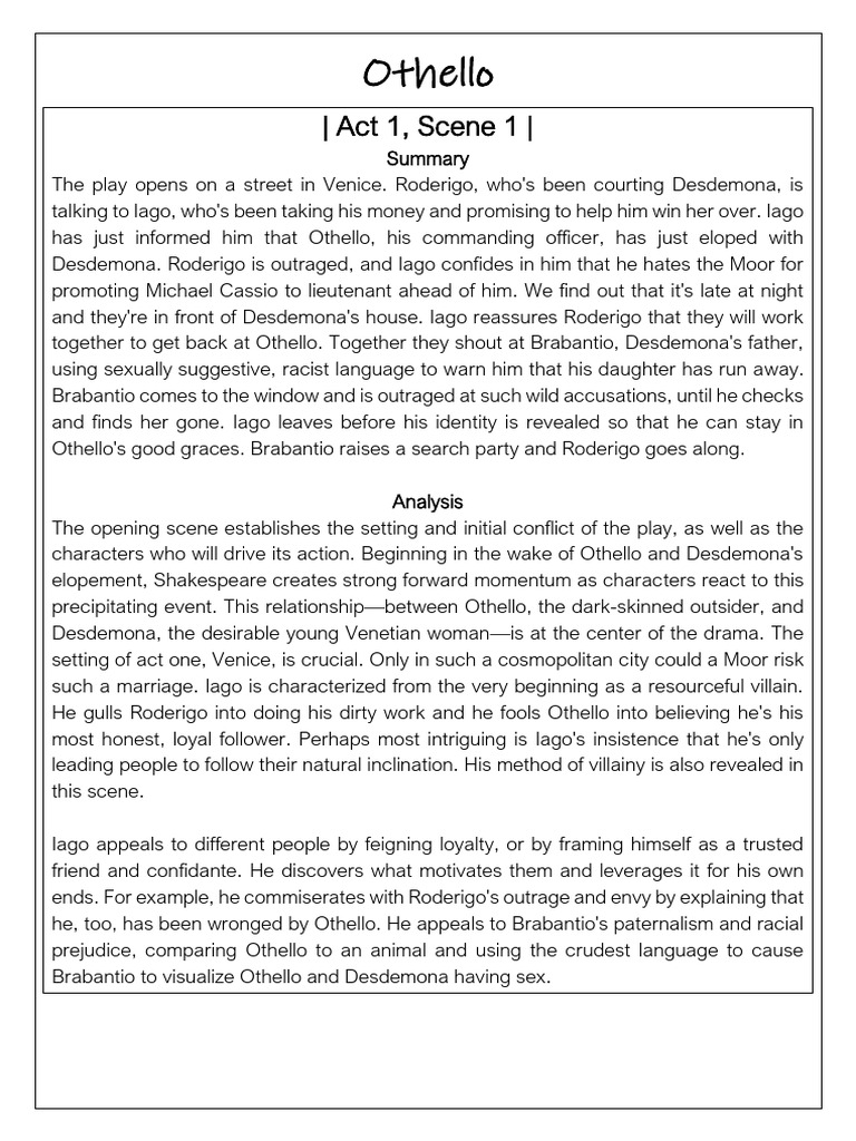OTHELLO - ACT-SCENE SUMMARIES | PDF | Othello | Iago