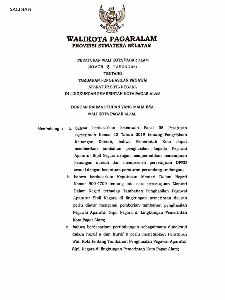 Perwali_Kota Pagar Alam No 9 Thn 2024 | PDF