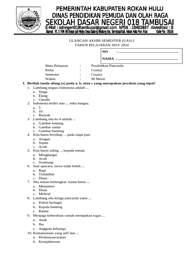 Ujian Kelas I 2023-2024 | PDF