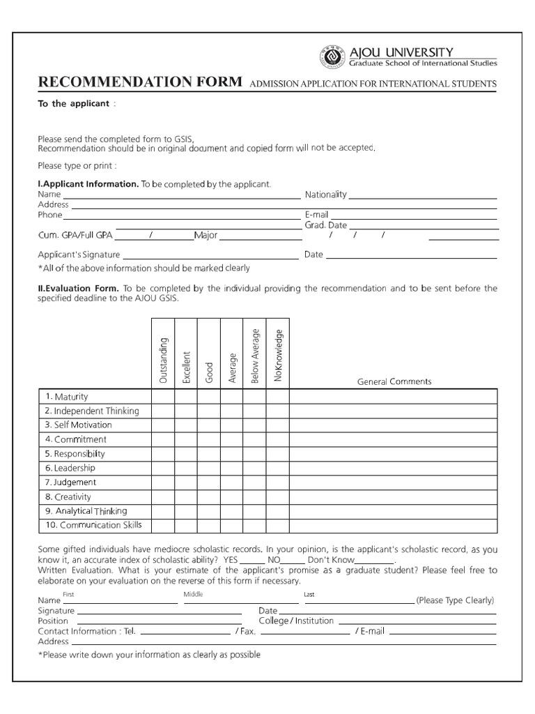 Graduate School Recommendation Form | PDF