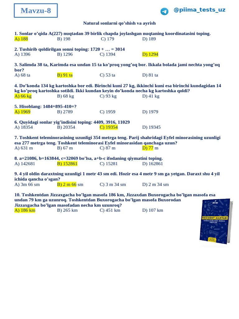 Natural Sonlarni Qo'shish Va Ayrish | PDF