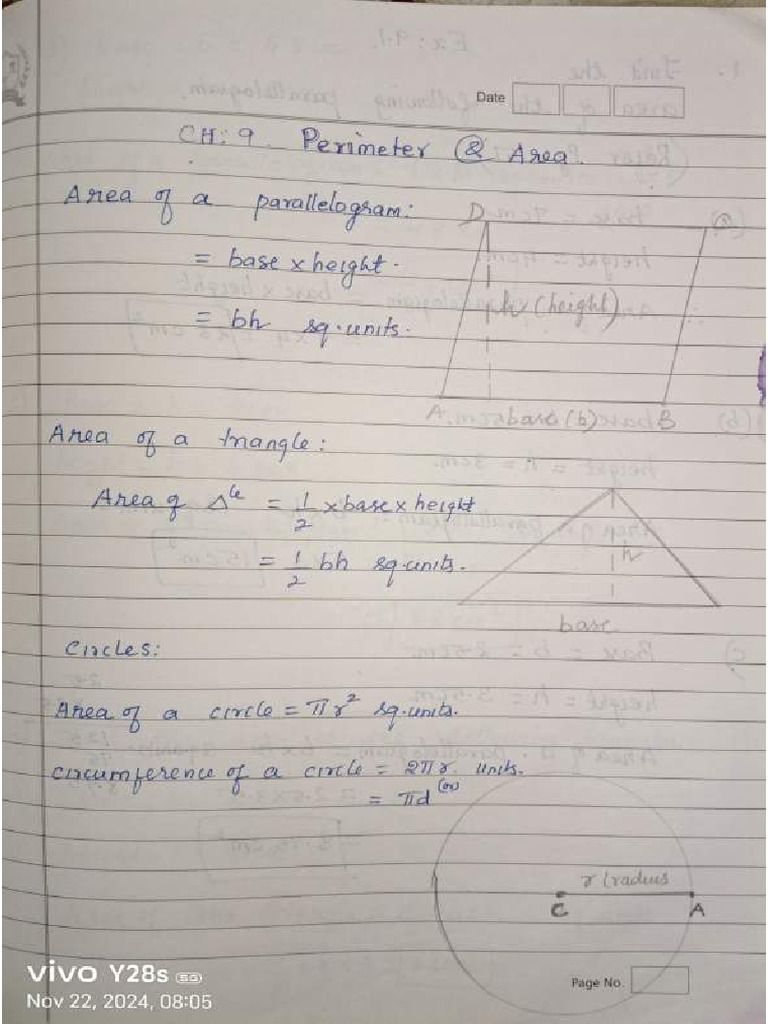 20 59 49 VII MATHS CH 9 Perimeter and Area Notes - Compressed | PDF