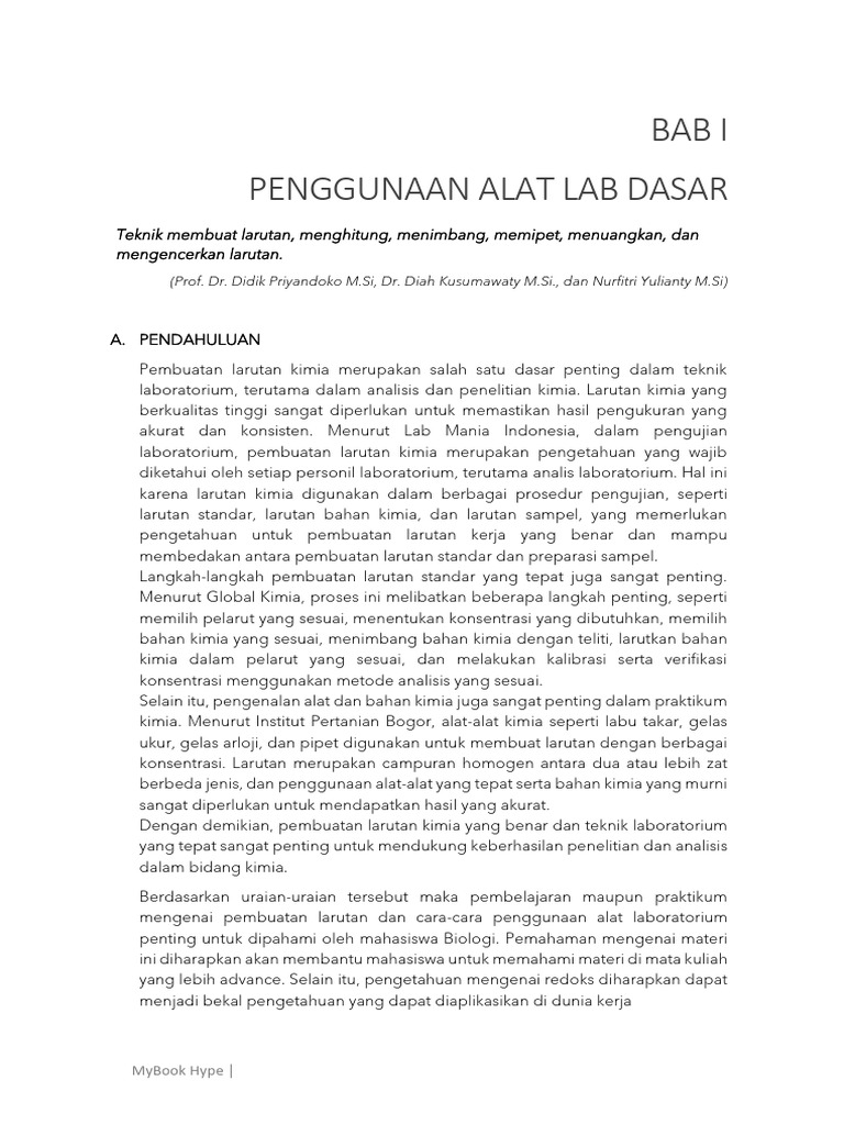 Petunjuk Praktikum Kimia Dasar, Bab I Penggunaan Alat Lab Dasar Fix | PDF