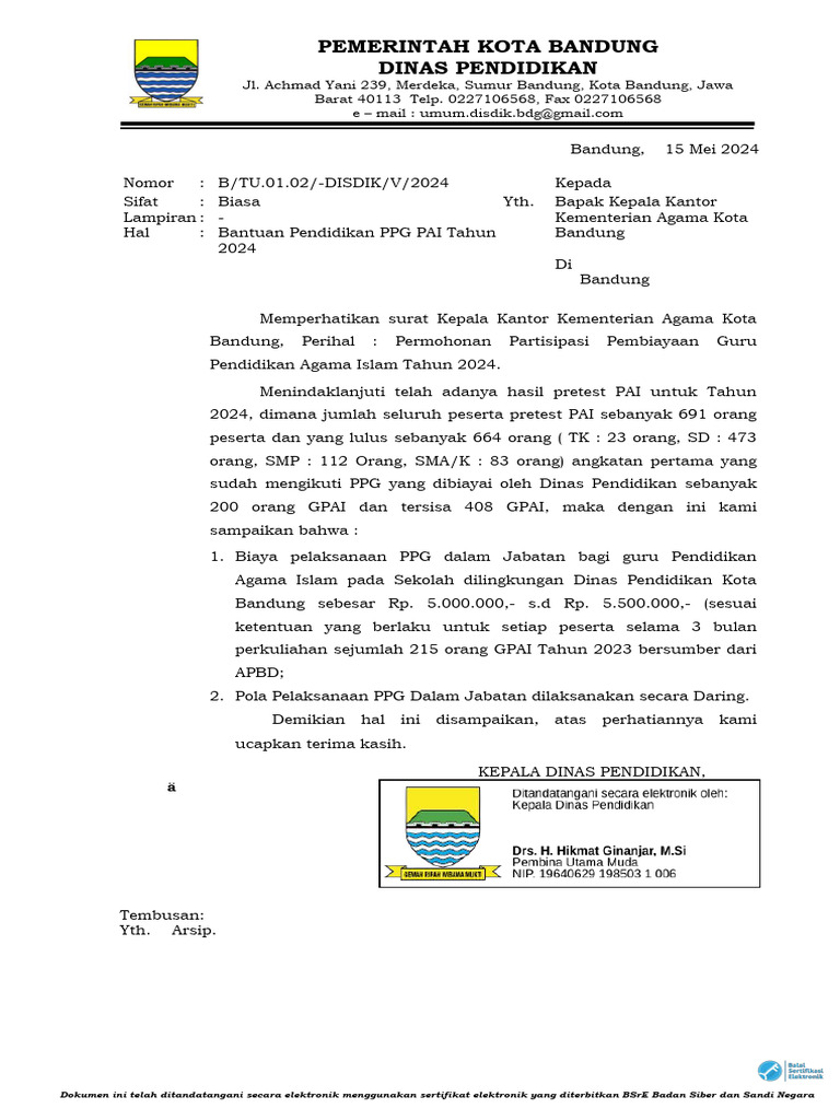 Surat Dinas Pendidikan Kota Bandung | PDF