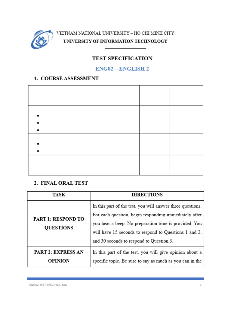 ENG02 Test Specification | PDF | Reading Comprehension | Learning