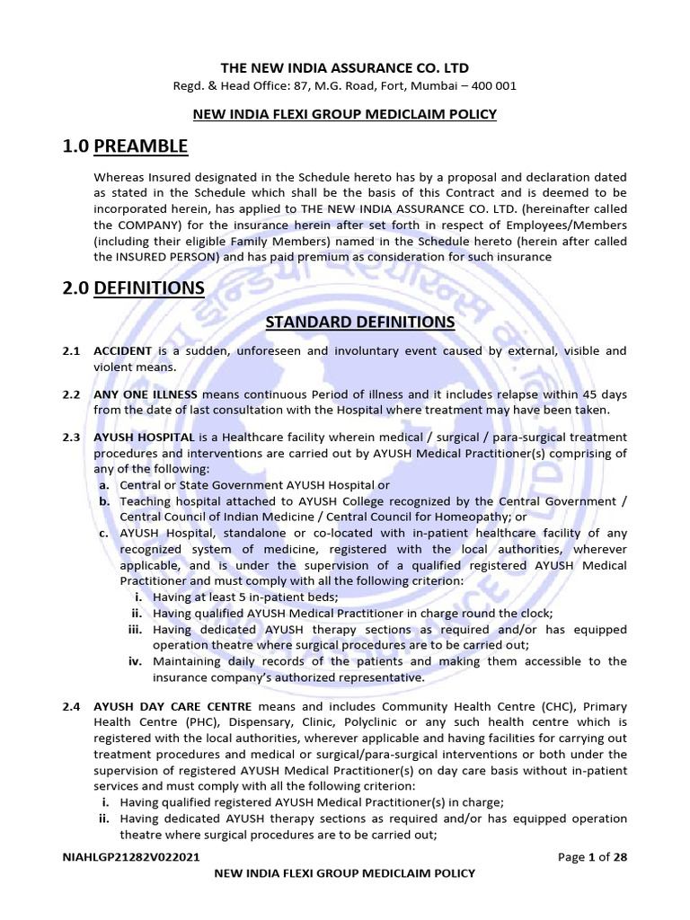 Policy Clause New India Flexi Group Mediclaim Policy (Wef 1st October 2021) | PDF | Intensive ...