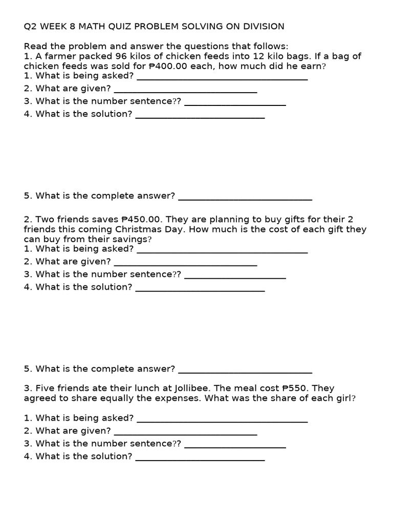 Q2 Week 8 Math Quiz Problem Solving On Division | PDF